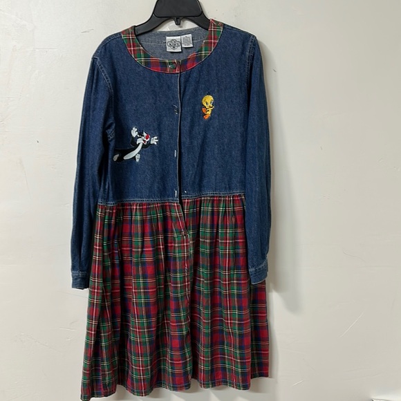 Warner Bros. | Dresses | Denim And Plaid Cartoon Dress Acme Looney ...